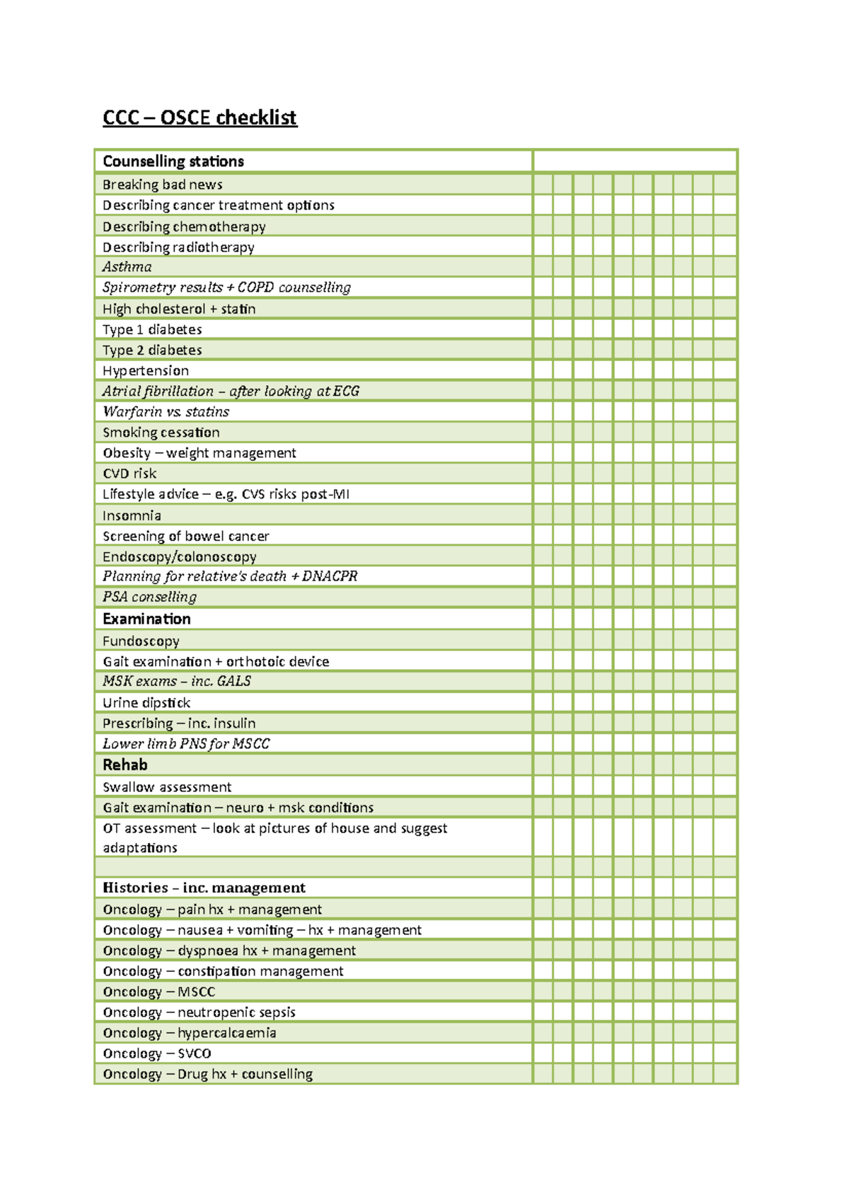 Osce Checklist Year 4 Ocse CCC OSCE Checklist Counselling