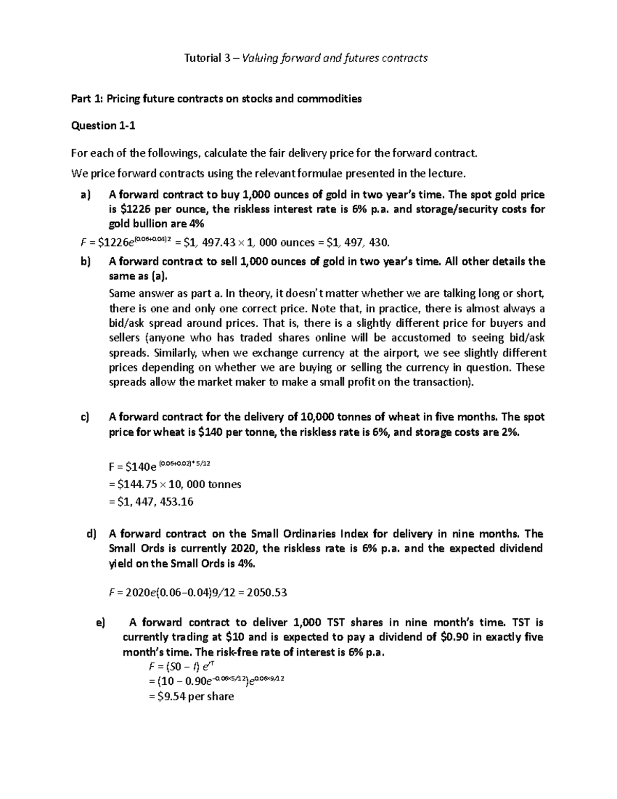 Tutorial 3 – Valuing forward and futures contracts - Tutorial 3 ...