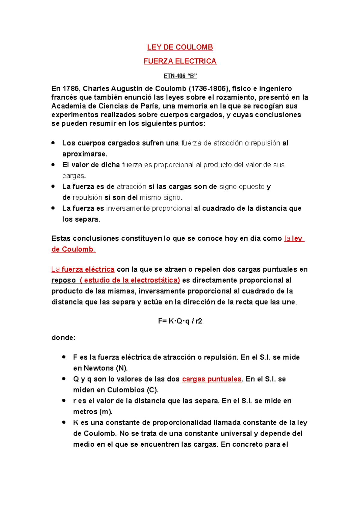 3 LEY DE Coulom 123456789 - LEY DE COULOMB FUERZA ELECTRICA ETN-406 “B ...