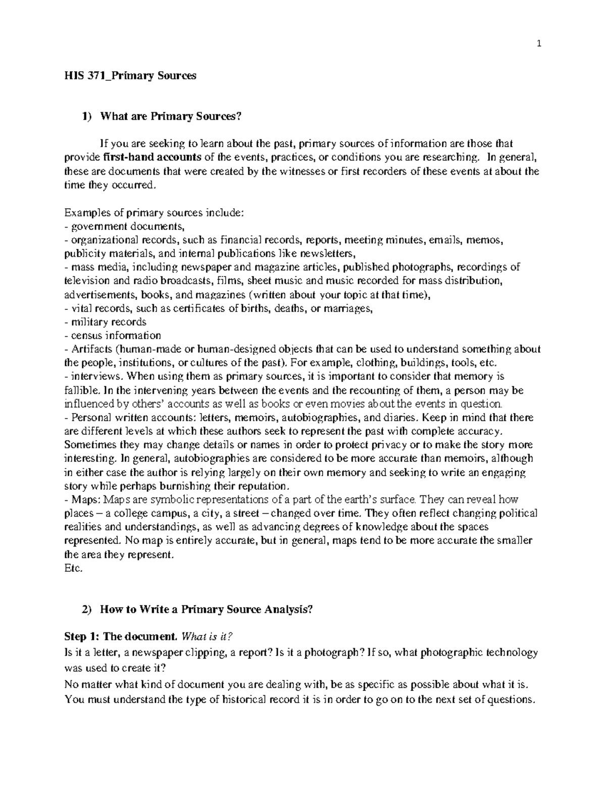 HIS 371 Primary Source Assignment - 1 HIS 371_Primary Sources What are ...