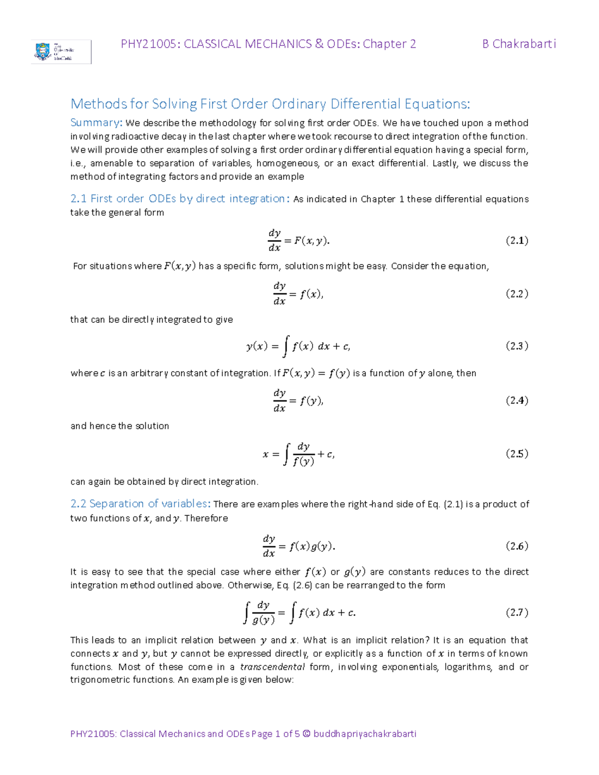 Phy21005 Ode Lecture 2 Note Summary Phy21005 Classical Mechanics