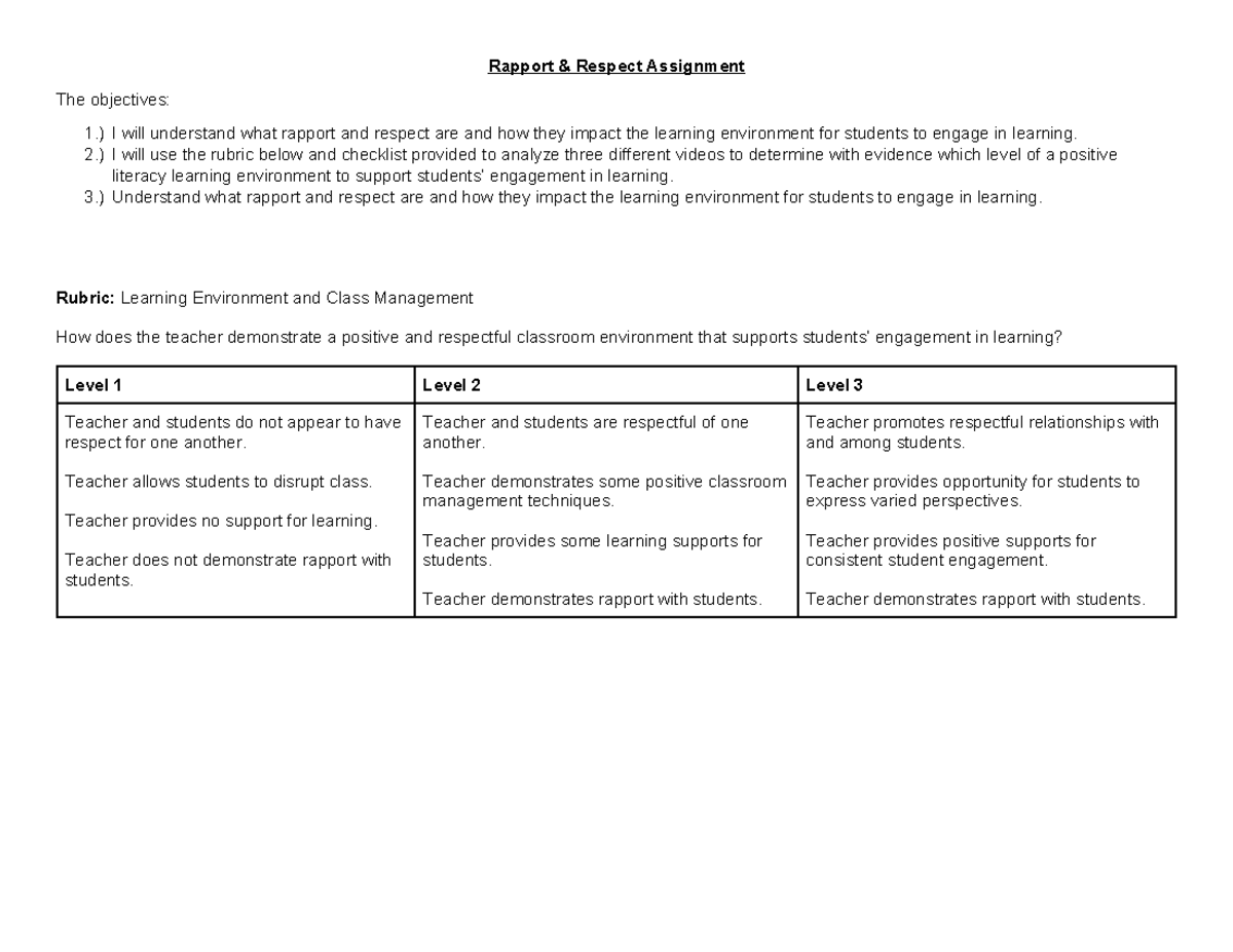 Rapport & Respect Assignment - Rapport & Respect Assignment The ...