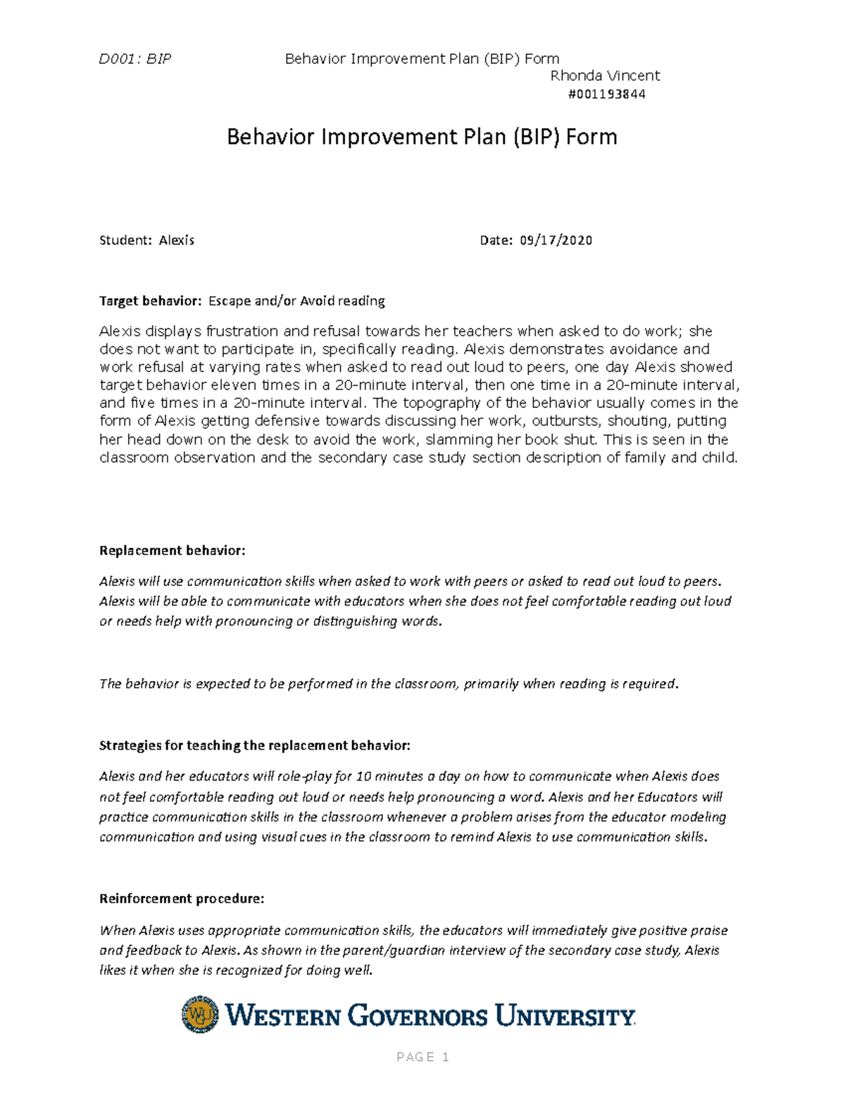 Behavior Improvement Plan (BIP) Form - Rhonda Vincent # Behavior ...