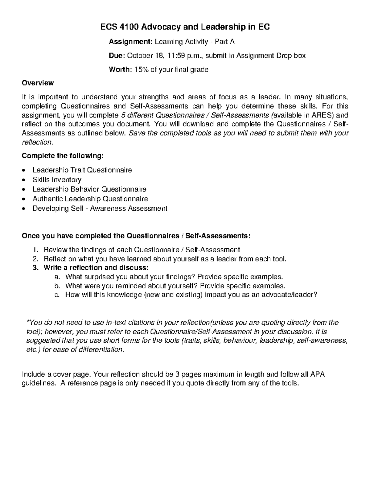 ECS 4100 Learning Activity Part A - ECS 4100 Advocacy and Leadership in EC Assignment: Learning ...