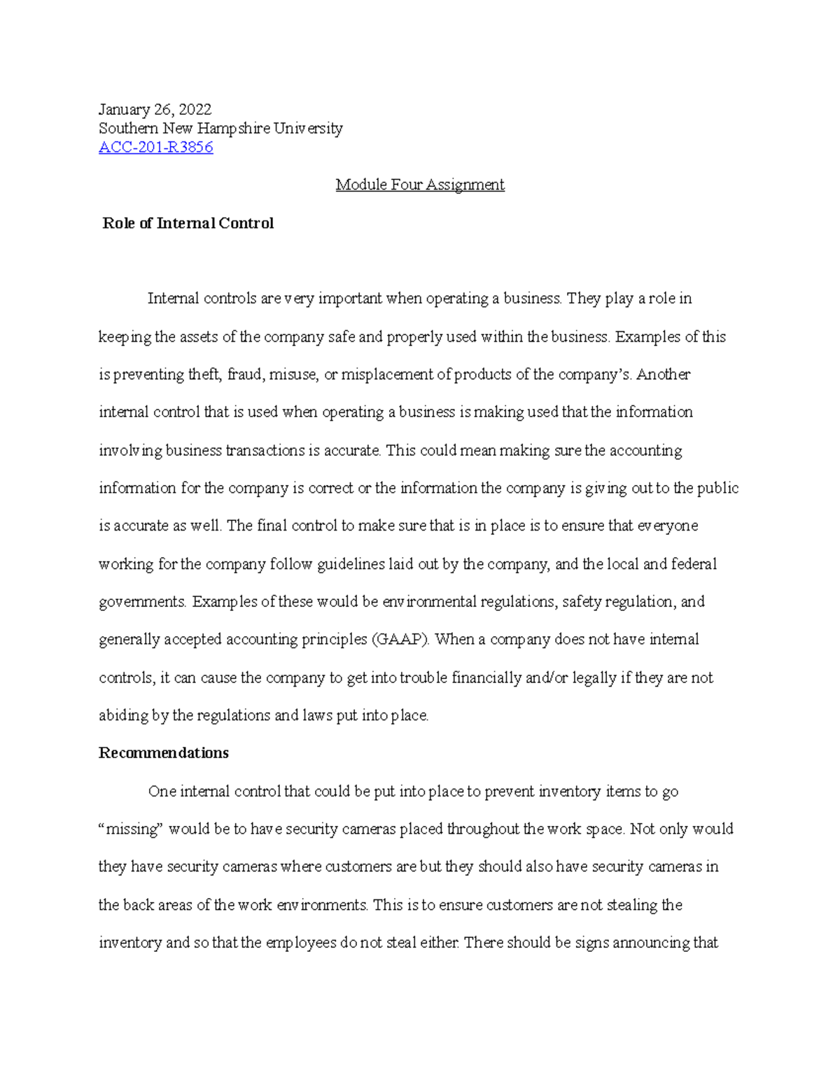 Module Four Assignment Internal Controls - January 26, 2022 Southern ...