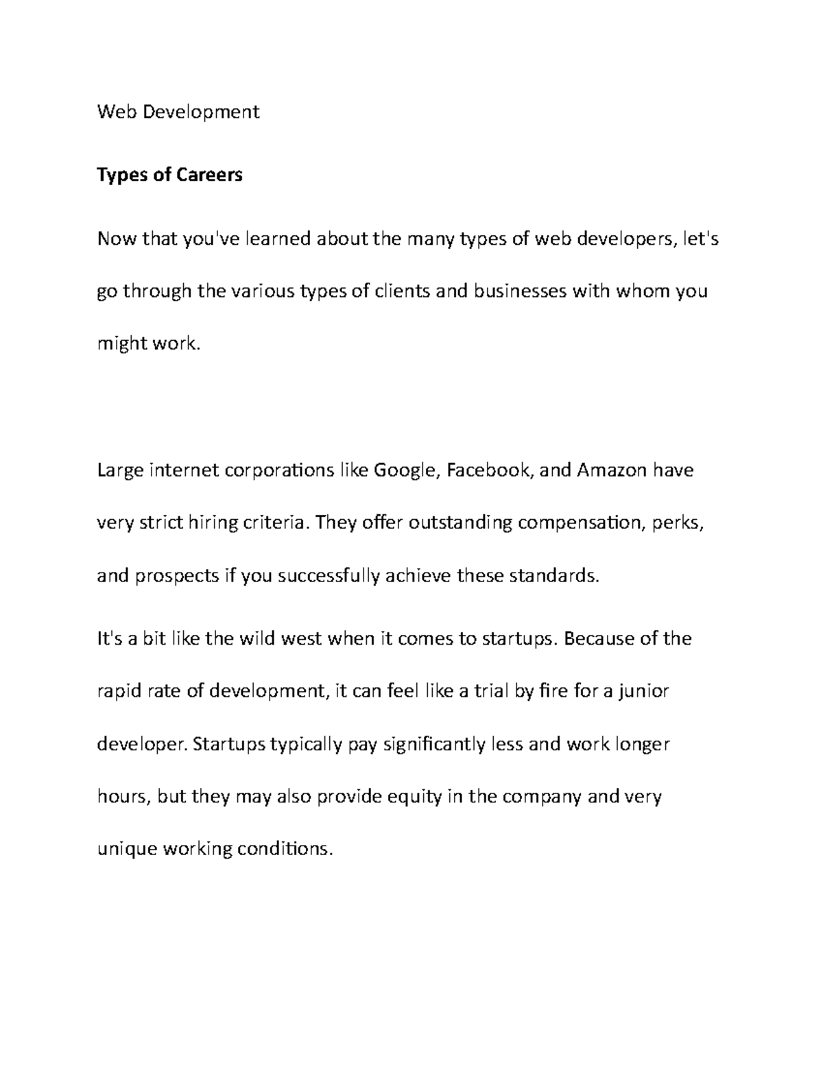 Web Development 2 - Web Development Types of Careers Now that you've ...