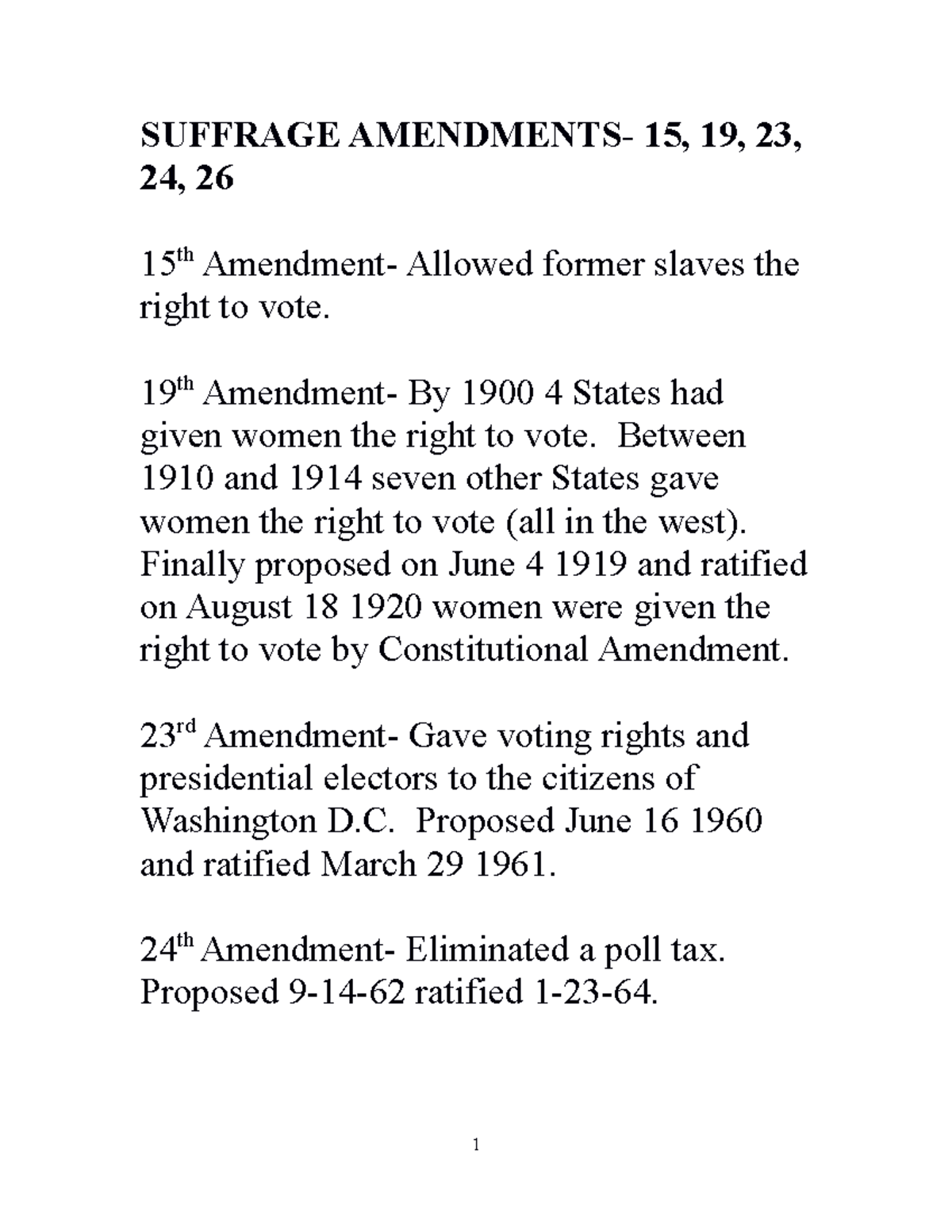 Amendments - Pre algebra - SUFFRAGE AMENDMENTS- 15, 19, 23, 24, 26 15 ...
