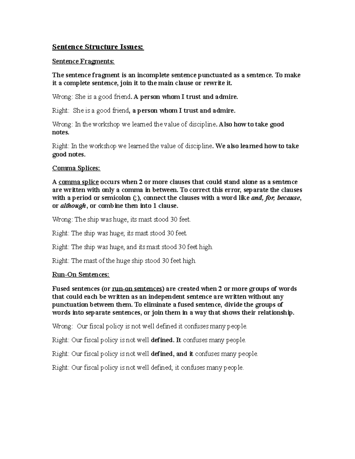 PSU Short Grammar Overview - Sentence Structure Issues: Sentence ...