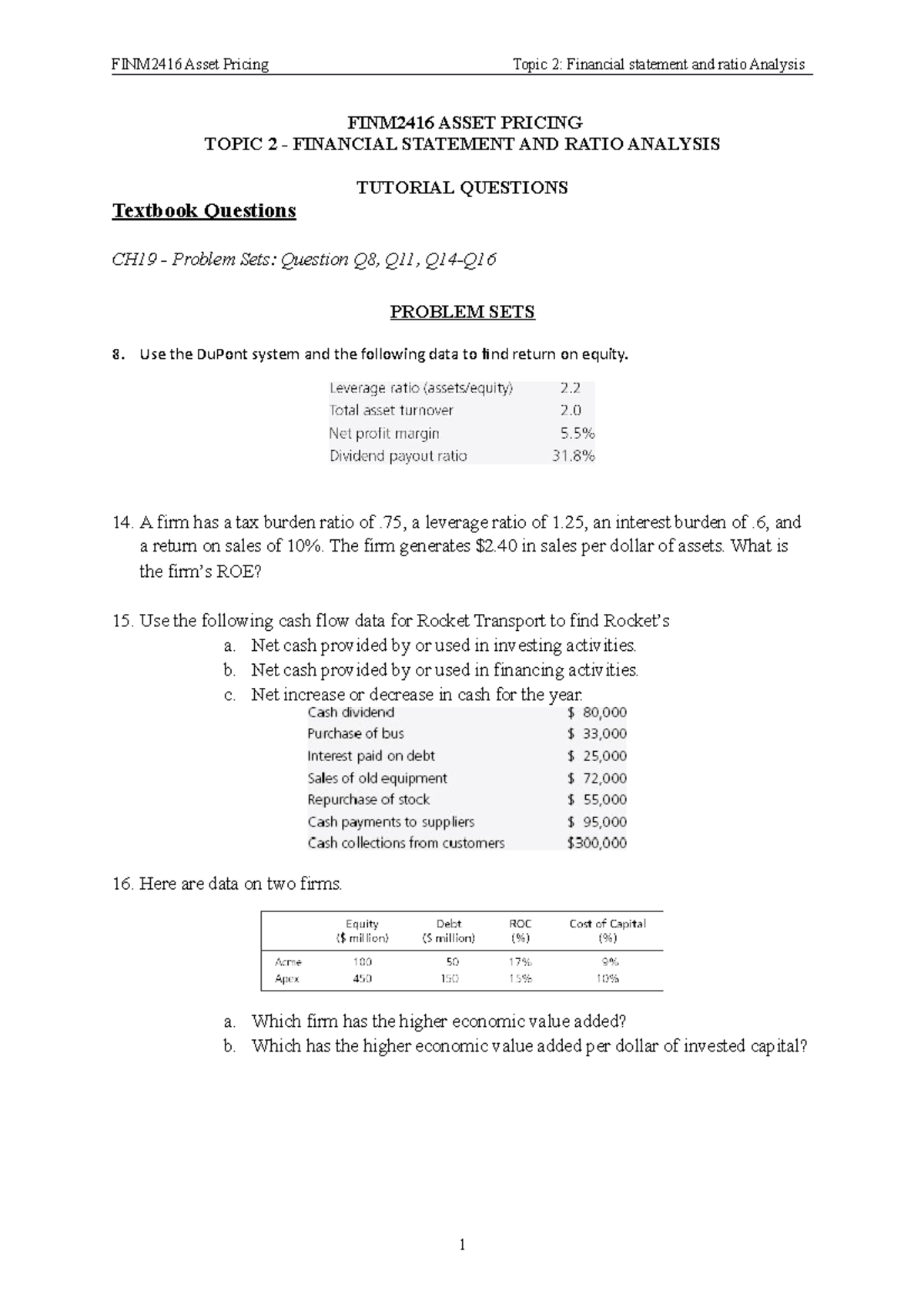 Tutorial Questions Week 2 - FINM2416 Asset Pricing Topic 2: Financial ...