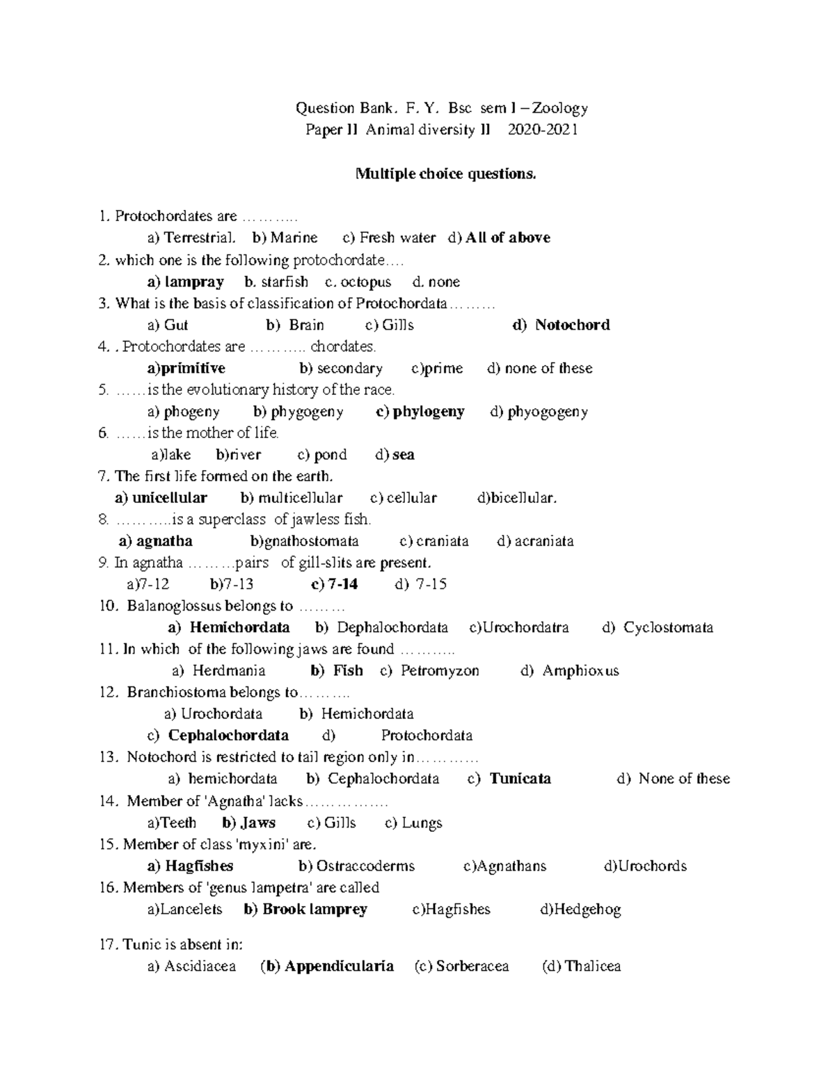 REVISION MATERIALS - Question Bank. F. Y. Bsc sem I – Zoology Paper II ...
