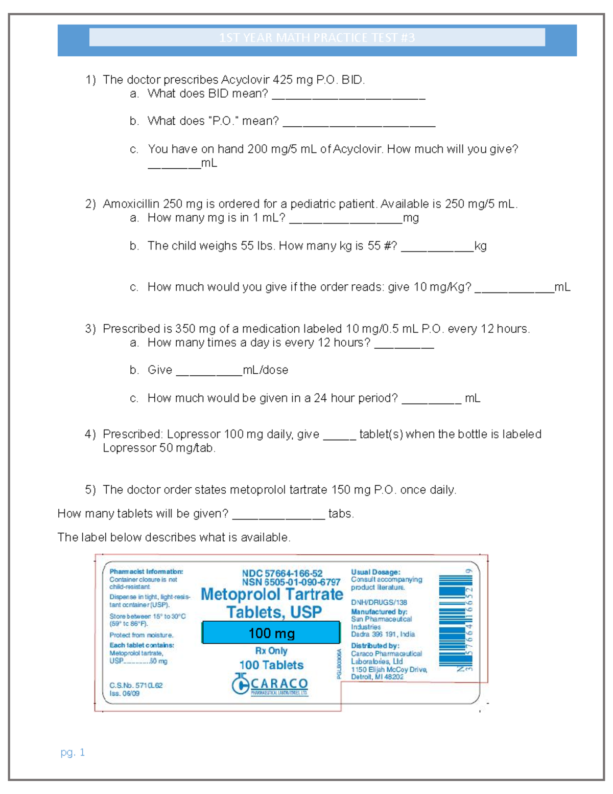 1st Yr Med Math Practice Test # 3 with key - The doctor prescribes ...