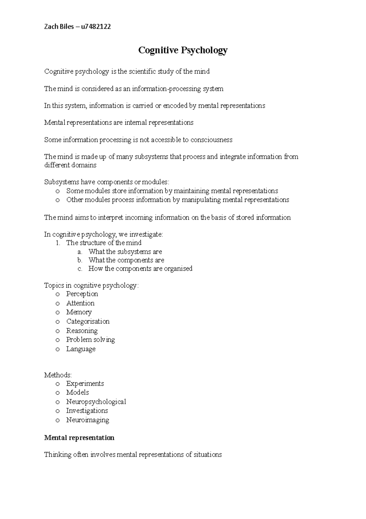 Cognitive Psychology notes - Zach Biles u7482122 Cognitive Psychology ...