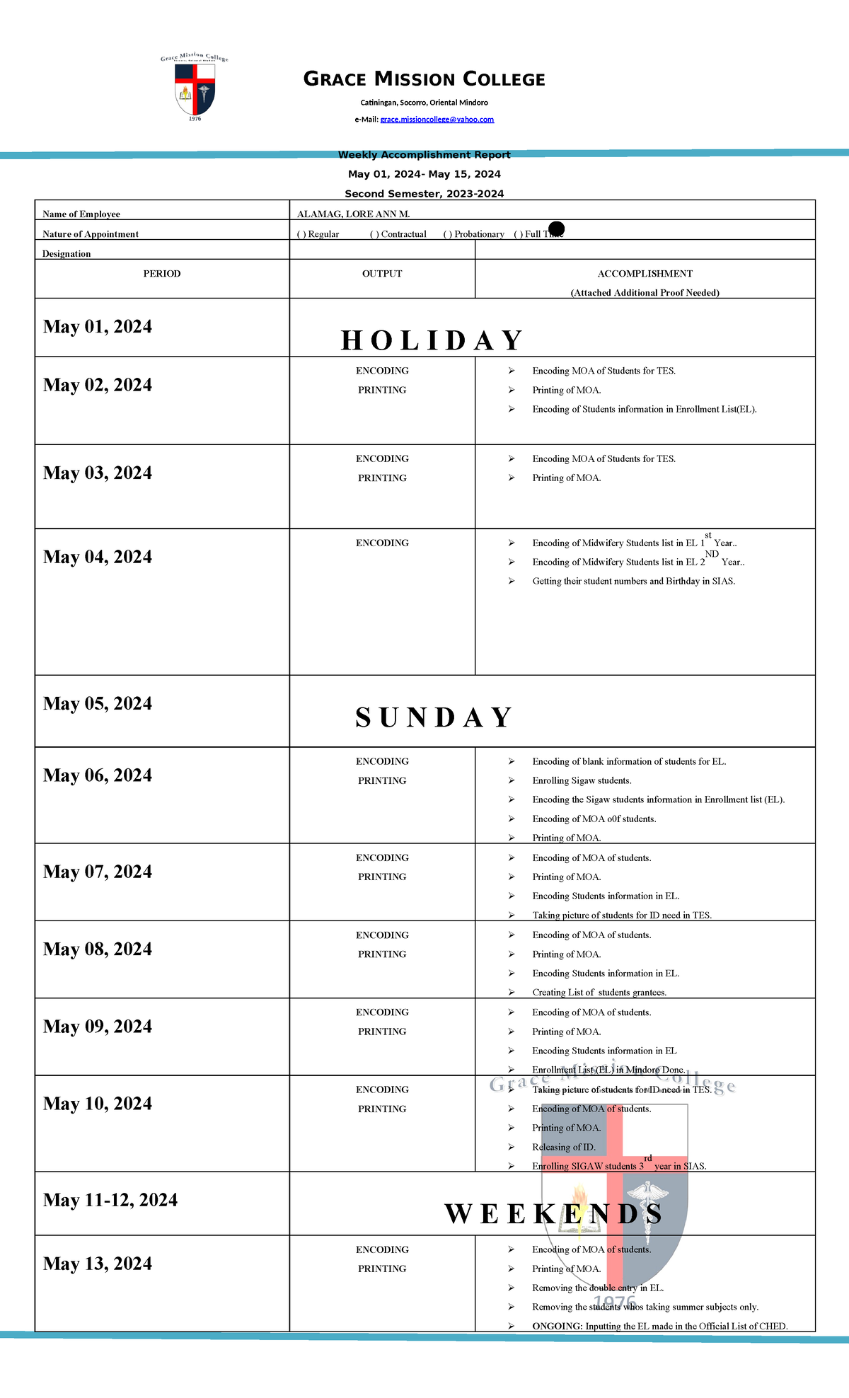 Lore Ann Alamag MAy 1-15 - GRACE MISSION COLLEGE Catiningan, Socorro ...
