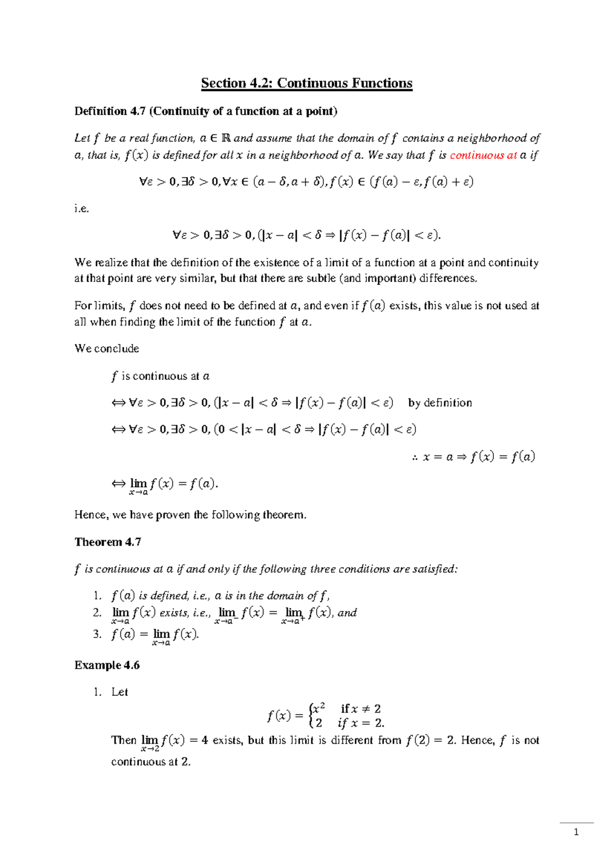 Sec 4 2 Continuous Functions Section 4 2 Continuous Functions Definition 4 Continuity Of A
