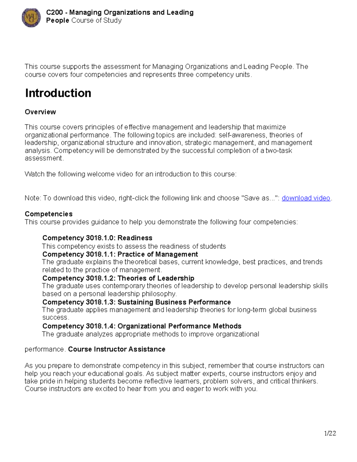 C200 Courses of Study - FULL Course Overview - C200 - Managing Organizations and Leading People ...