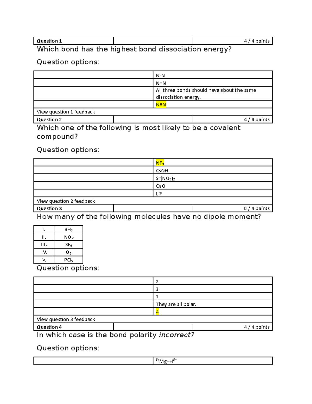 Chem 133 Lesson 4 Quiz - Question 1 4 / 4 points Which bond has the highest bond dissociation ...