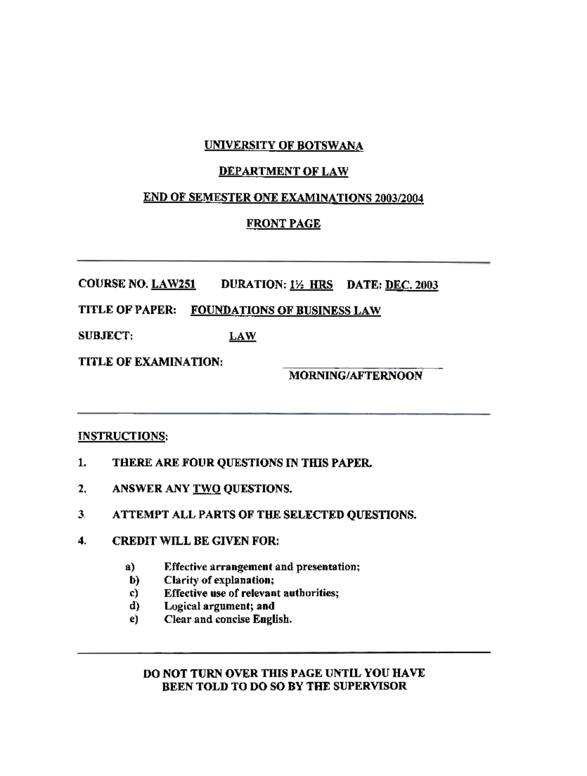Null - Past exam paper - UNIVERSITY OF BOTSWANA DEPARTMENT OF LAW END ...