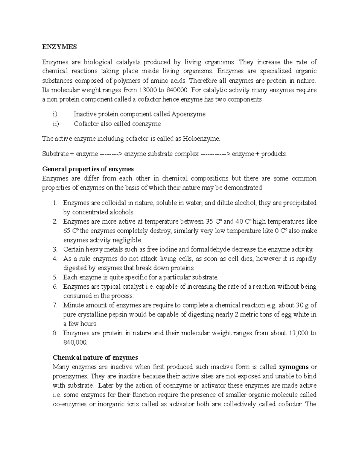 Chapter Enzymes - Lecture notes - ENZYMES Enzymes are biological ...