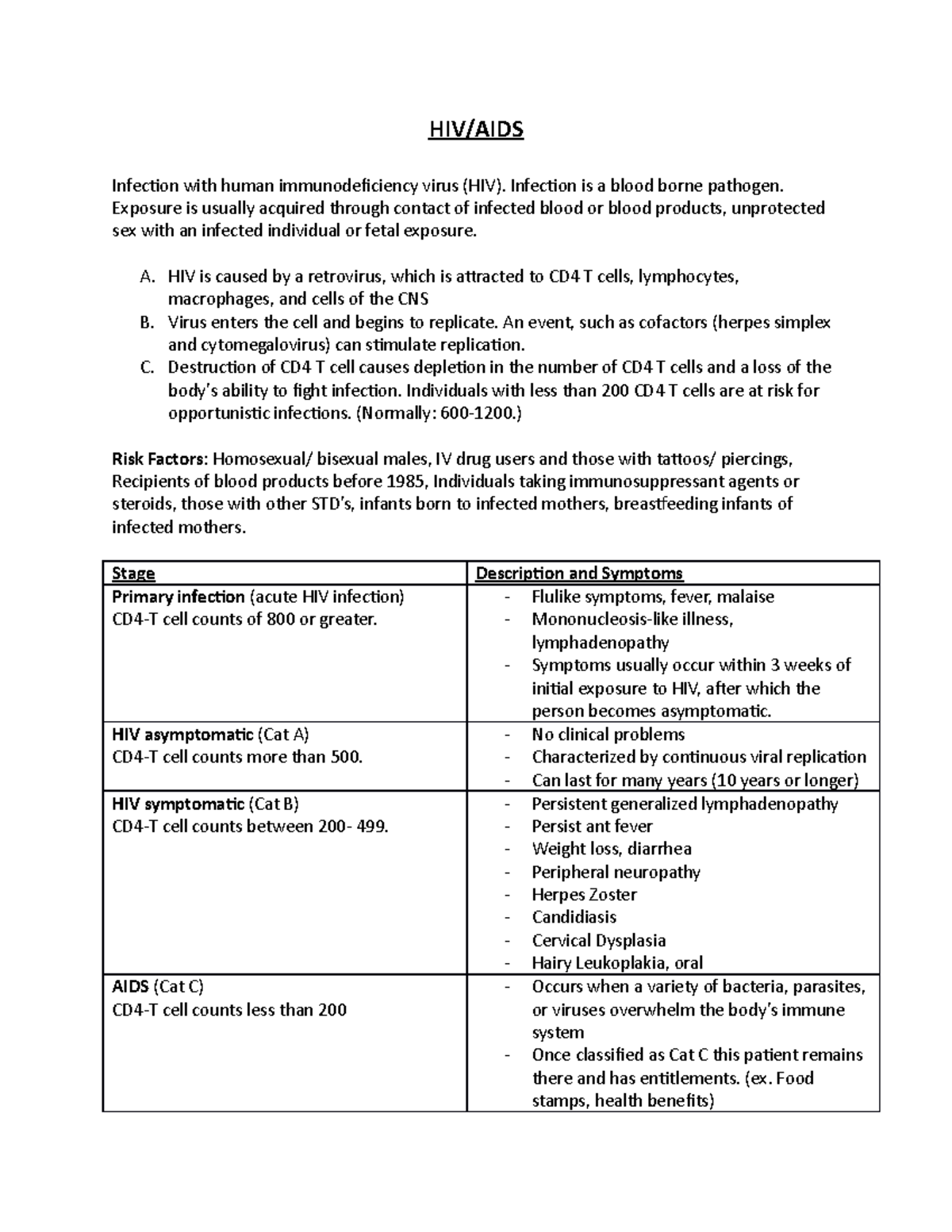 HIV: AIDS outline - Lecture notes 3-4 - HIV/AIDS Infection with human ...