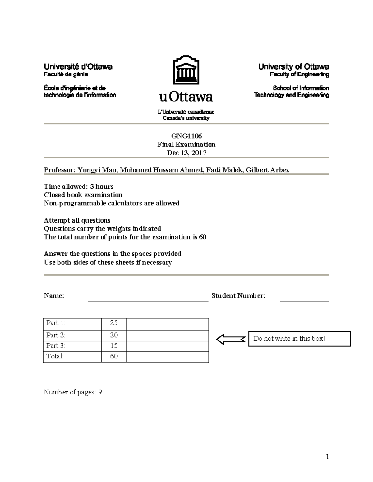 GNG1106 Final Exam Fall2017 - GNG Final Examination Dec 13, 2017 Professor: Yongyi Mao, Mohamed ...