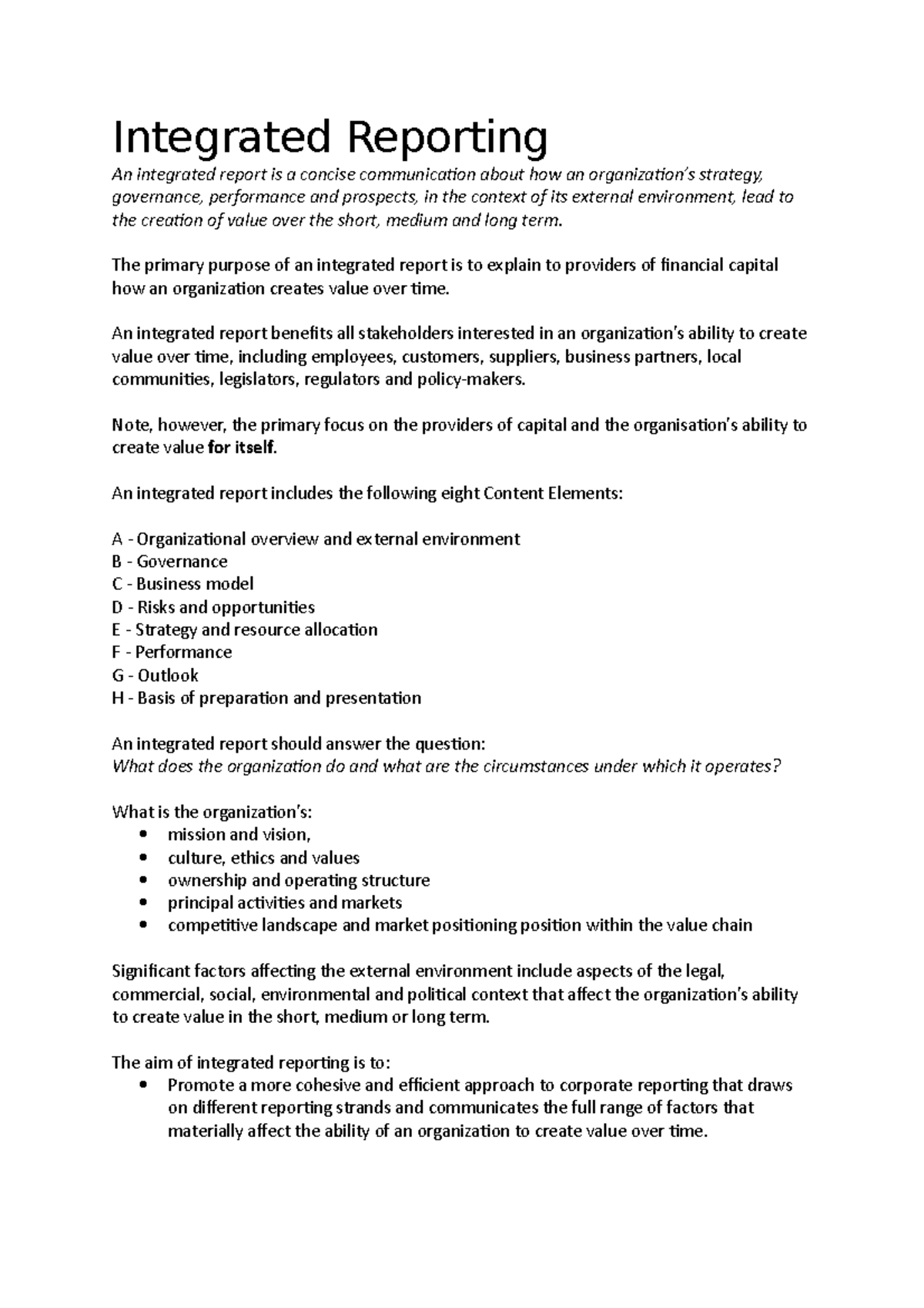 Integrated Reporting - Lecture notes Week 12 - Integrated Reporting An ...