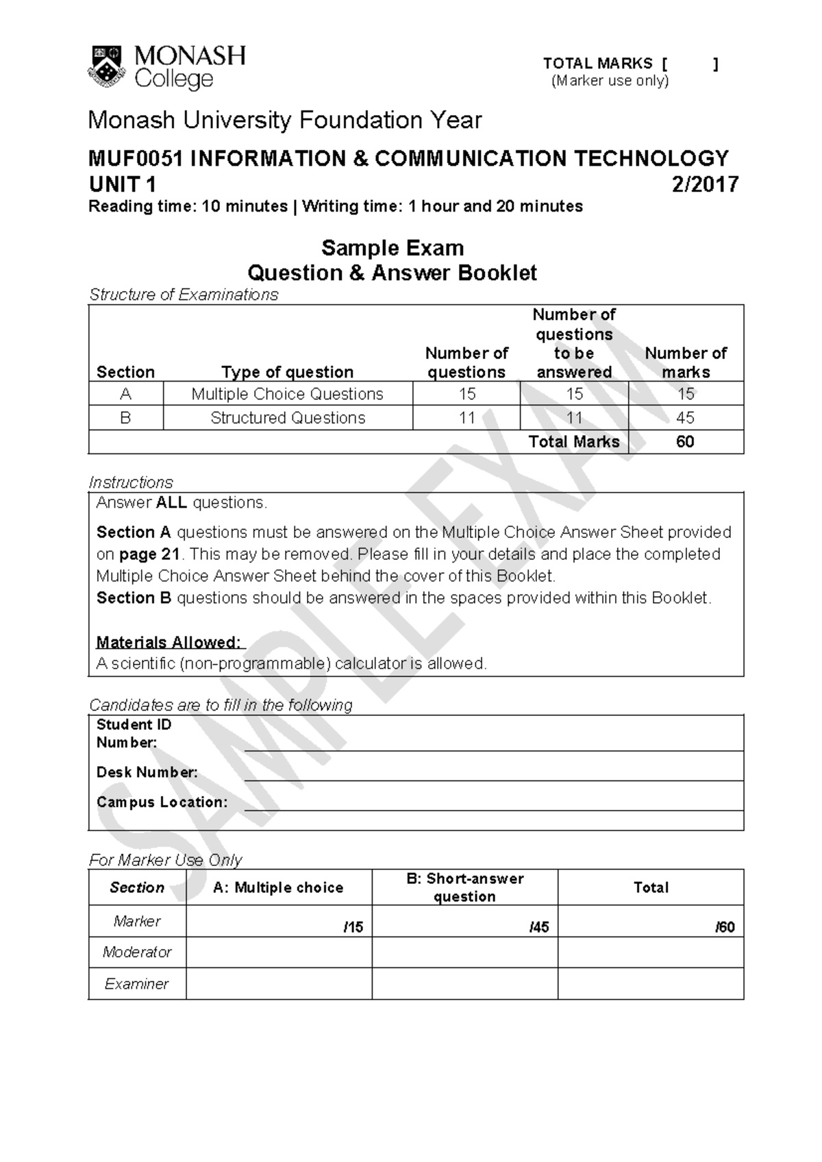 Sample mock f - ccc - Monash University Foundation Year MUF0051 ...