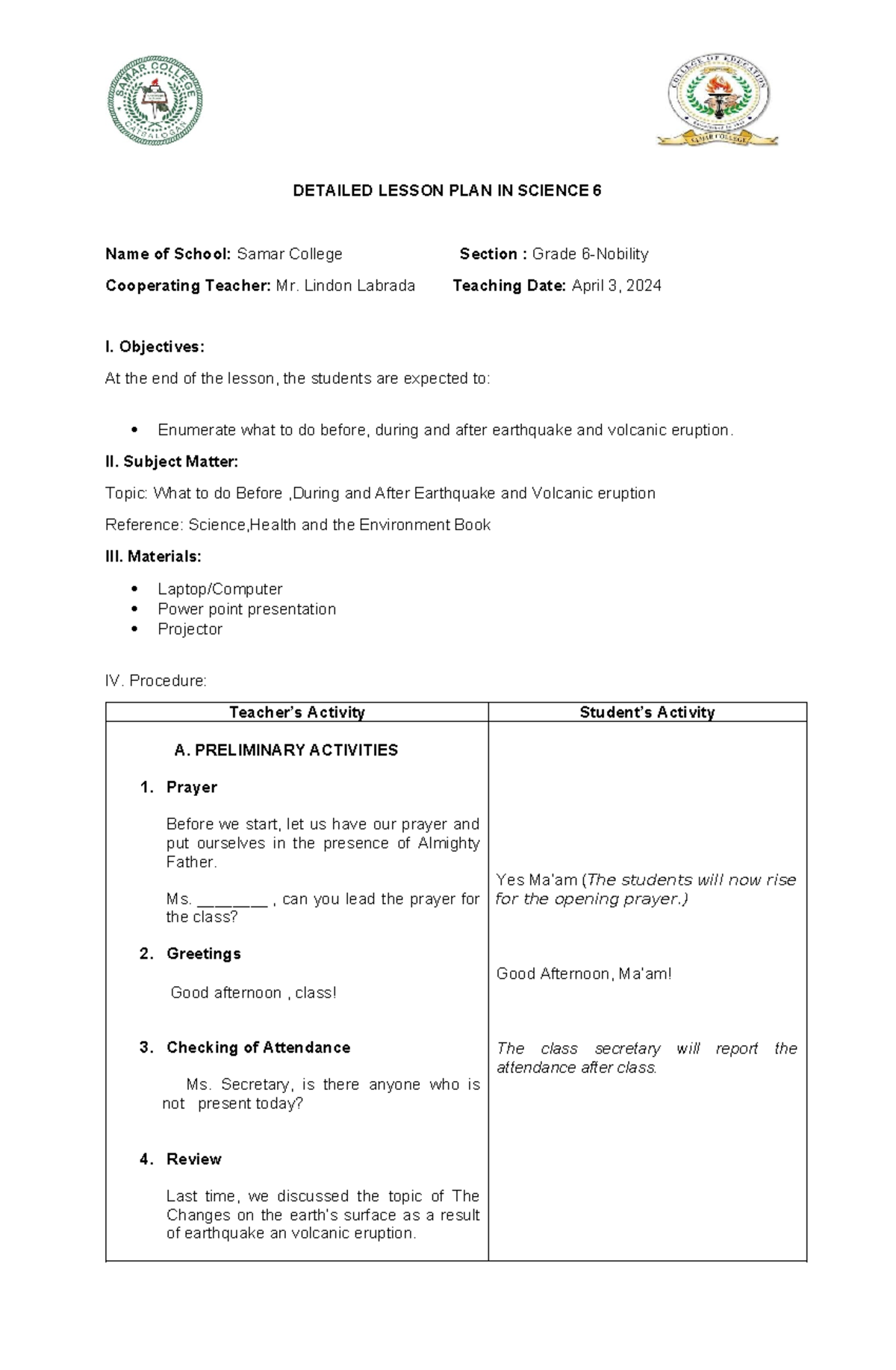Science-4 STAR Class DLP - DETAILED LESSON PLAN IN SCIENCE 6 Name of ...
