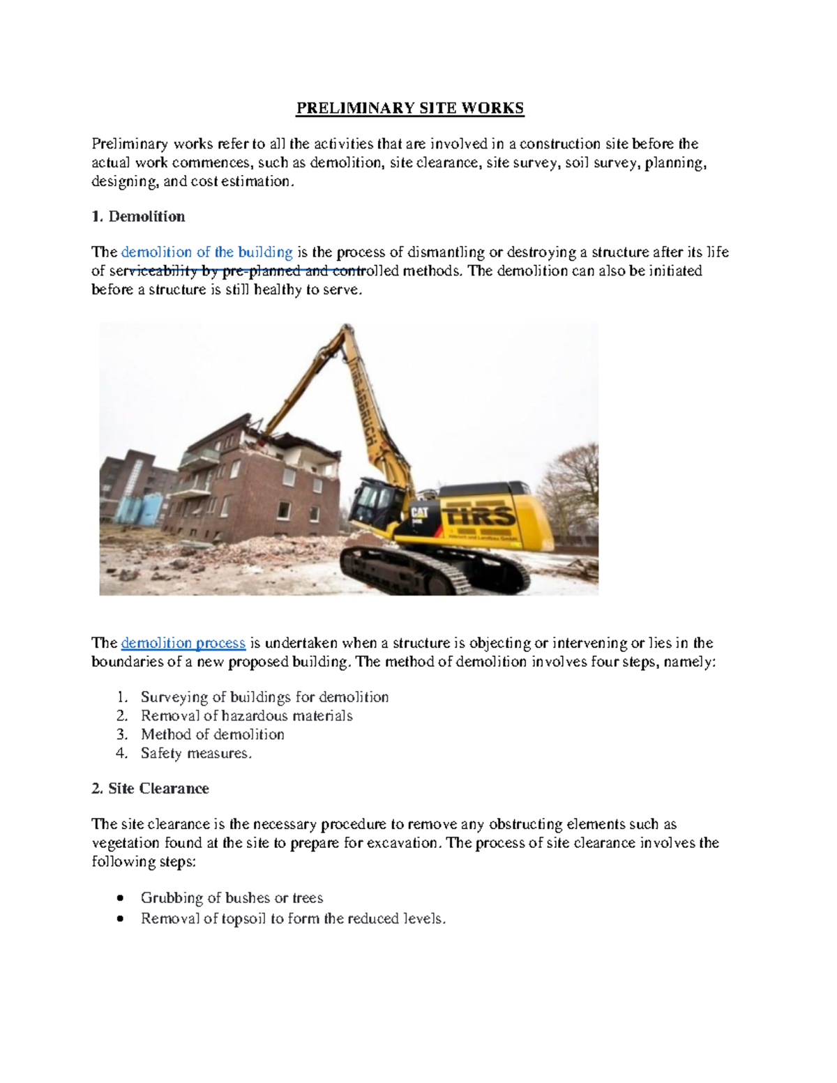 Preliminary Site Works - PRELIMINARY SITE WORKS Preliminary works refer ...