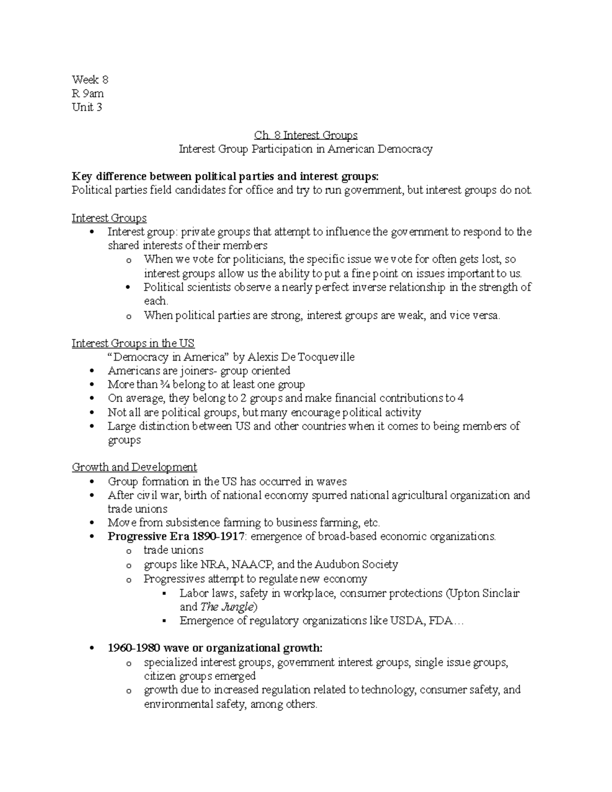 Interest Groups - Week 8 R 9am Unit 3 Ch. 8 Interest Groups Interest ...
