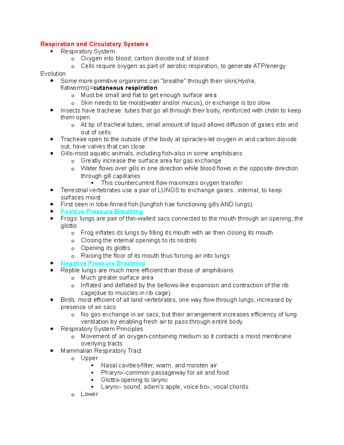 Bio 181 Note Section 13 - Lecture notes Week 13 - Respiration and ...