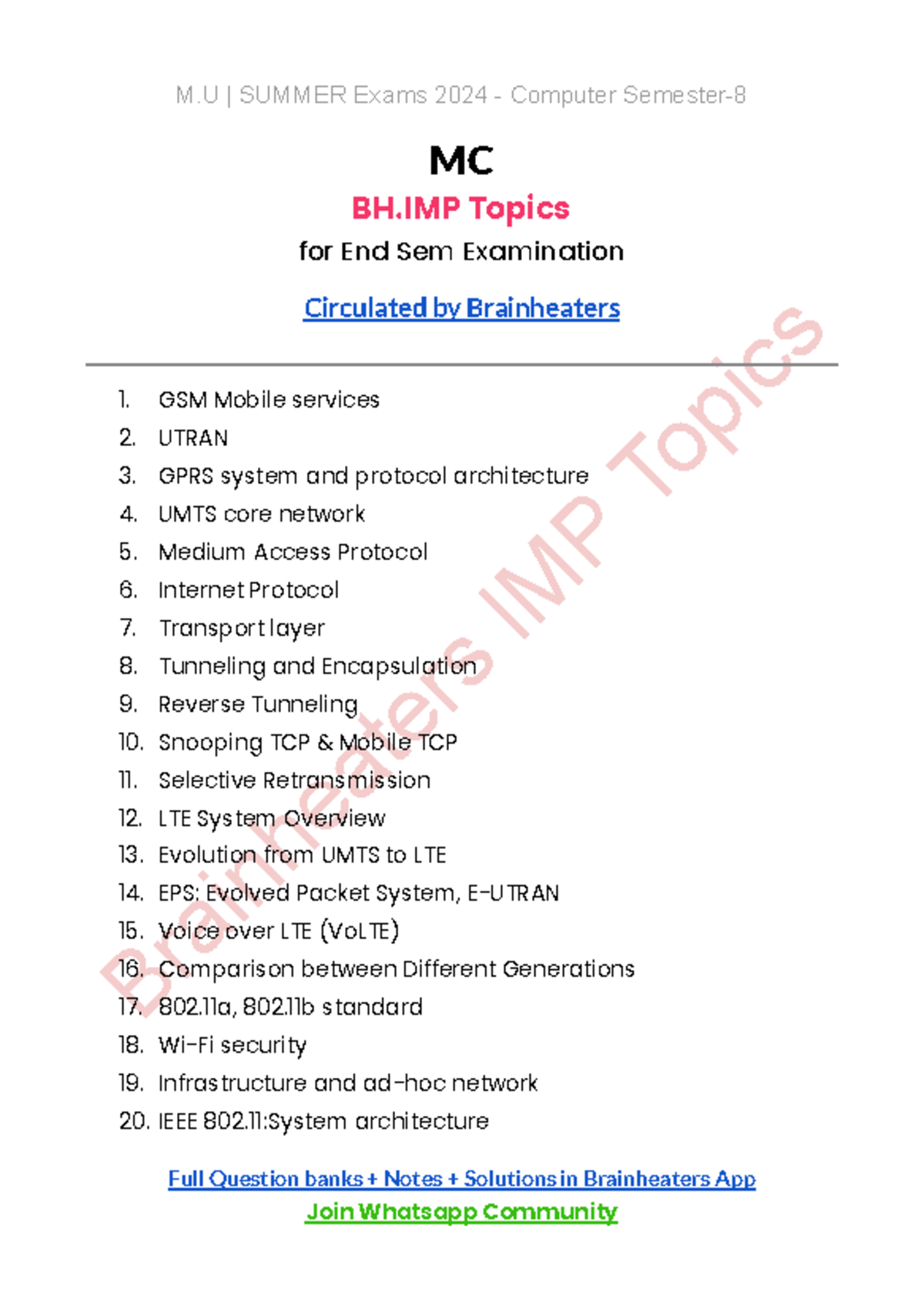 MC Comps Sem6 IMP Topics - Brainheaters IMP Topics M | SUMMER Exams 2024 - Computer Semester- MC ...