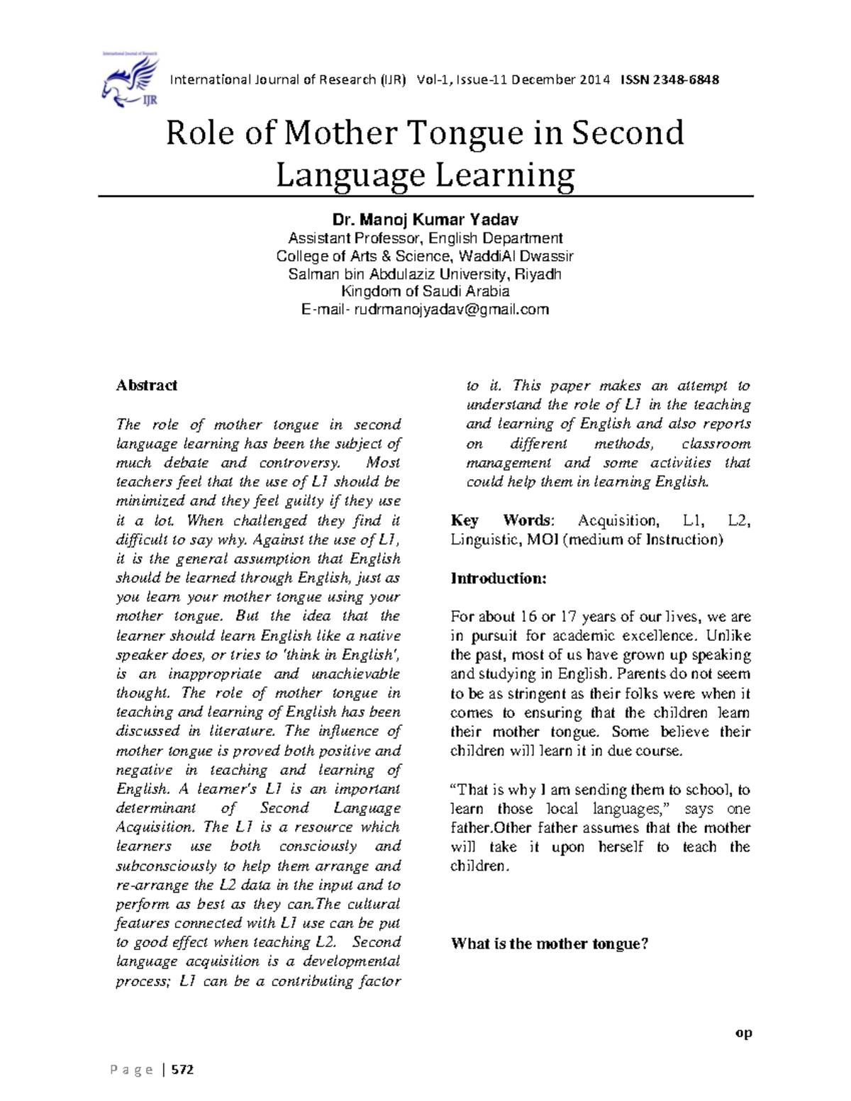 Role of Mother Tongue in Second Language - op Role of Mother Tongue in ...