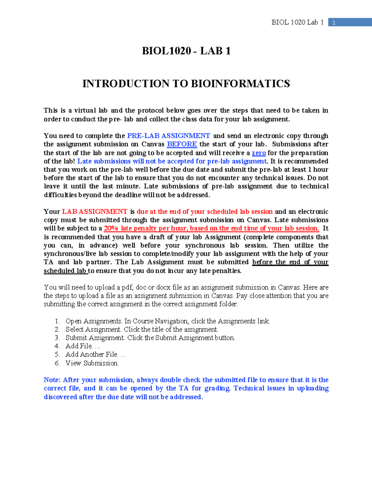 Lab 1- Bioinformatics Introduction and Protocol - BIOL1020 - LAB 1 ...