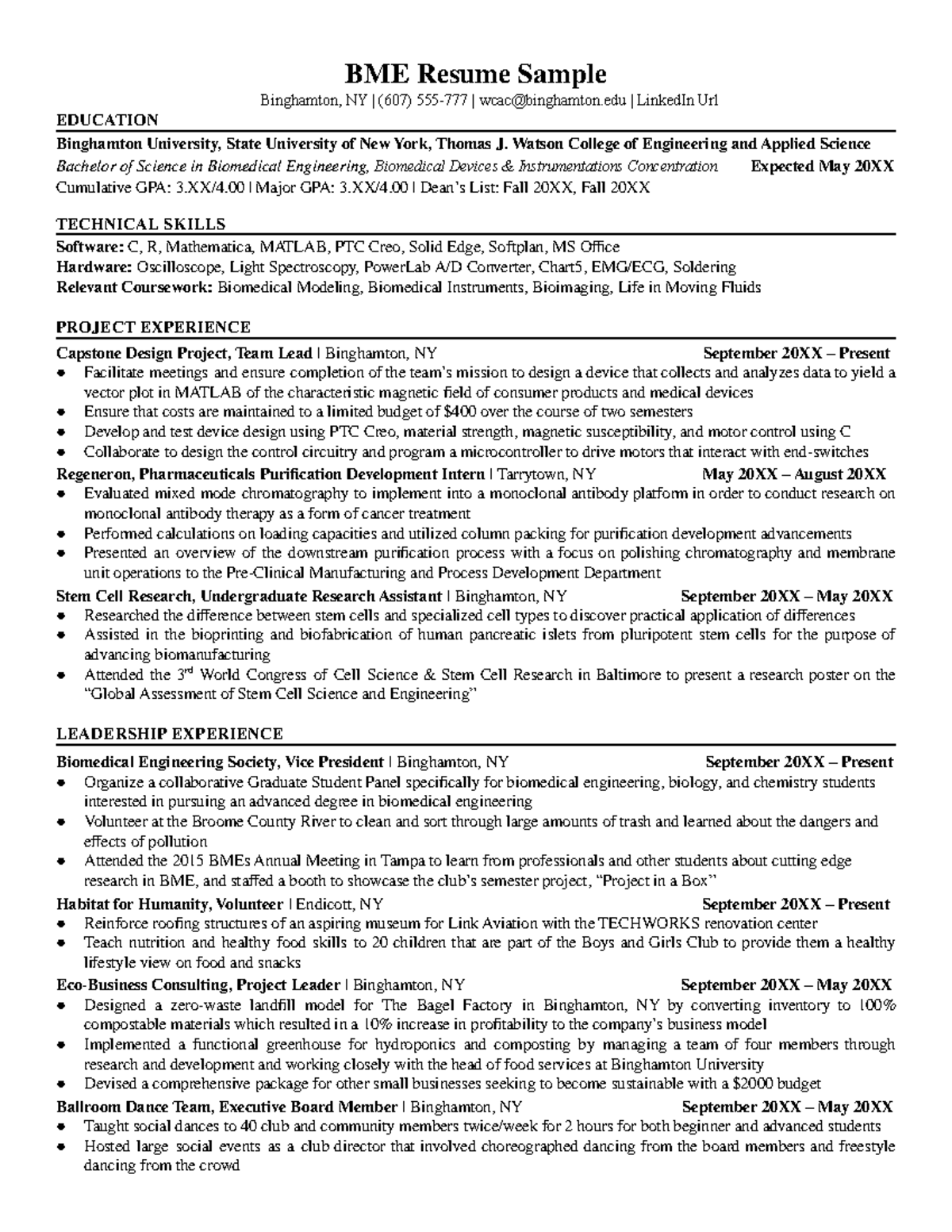 BME Resume Sample - BME Resume Sample Binghamton, NY | (607) 555-777 ...