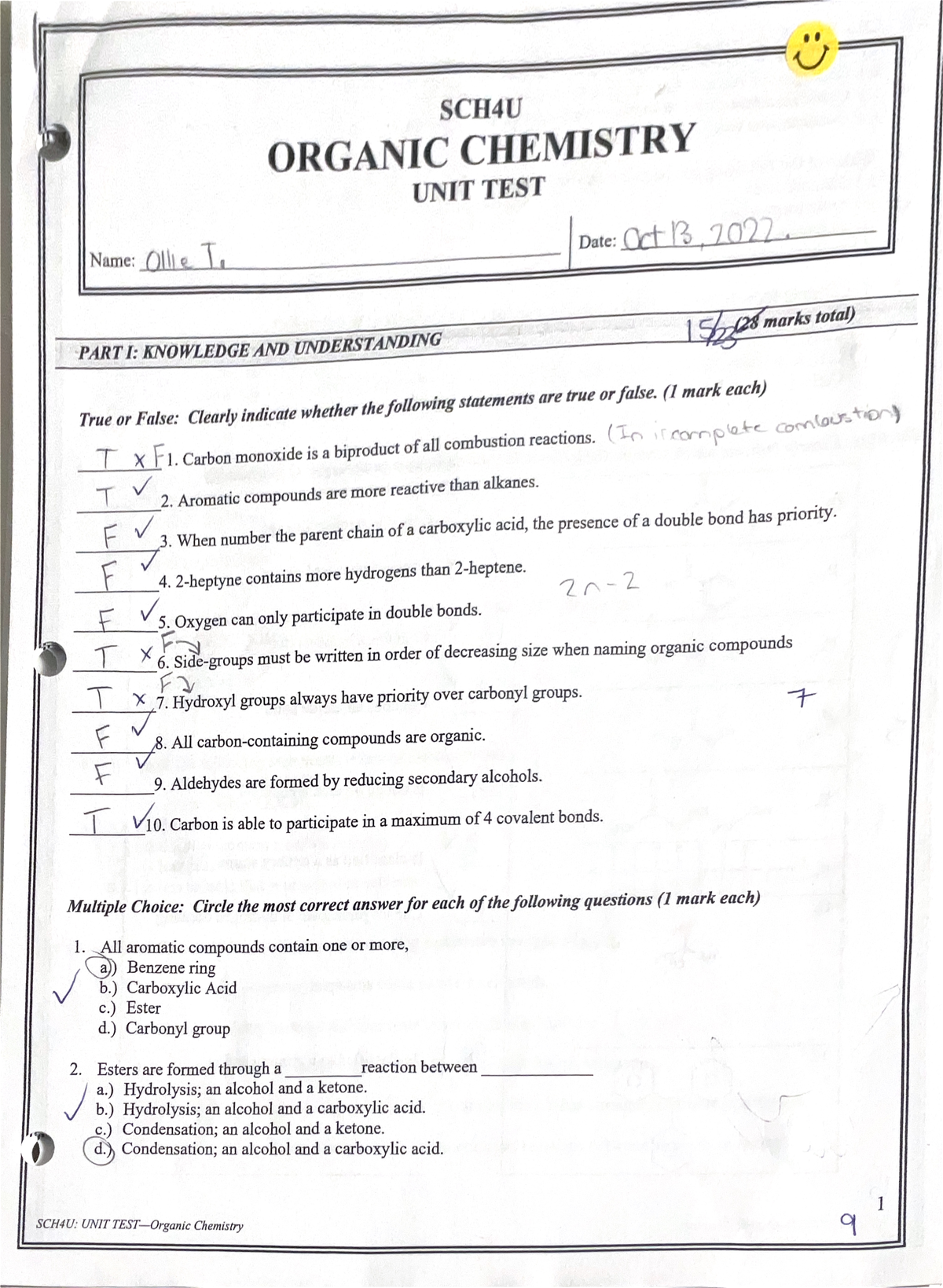 Organic Chemistry Unit Test - Studocu