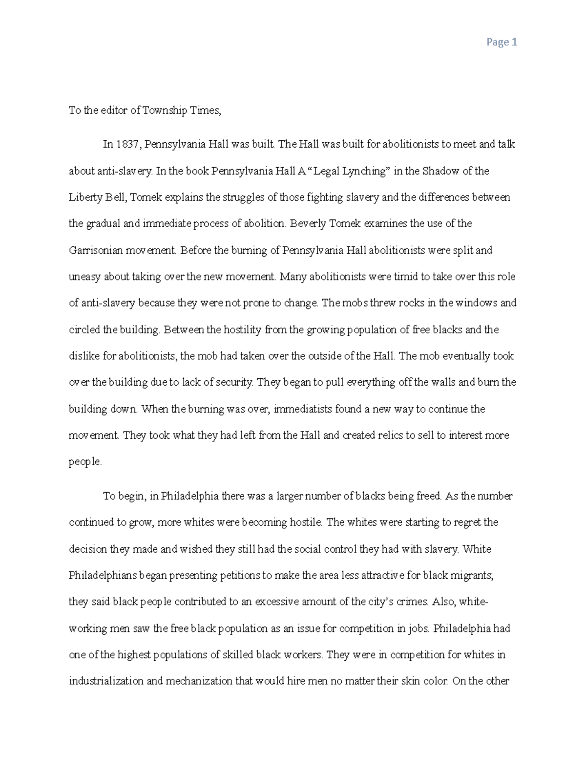 HIST110 Essay #1 - First writing assignment - To the editor of Township ...