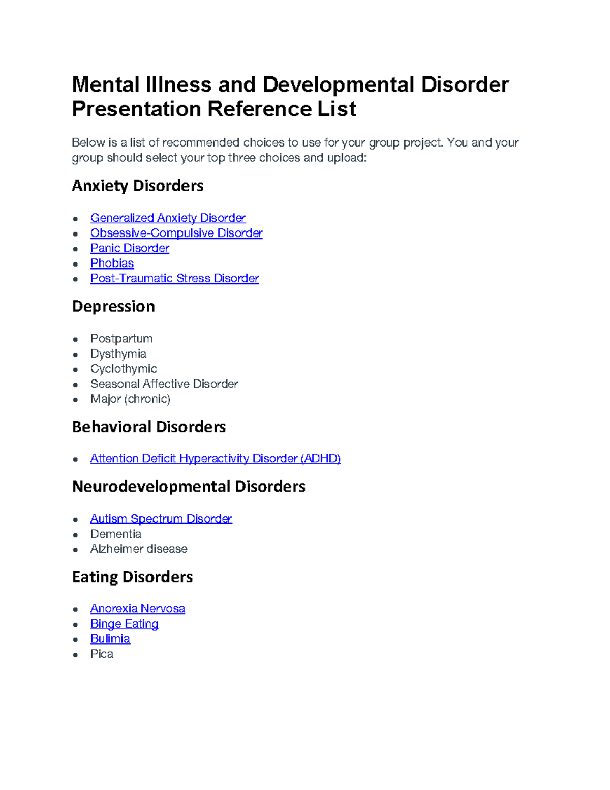 Mental Illness and Development Disorder Reference List - Mental Illness ...