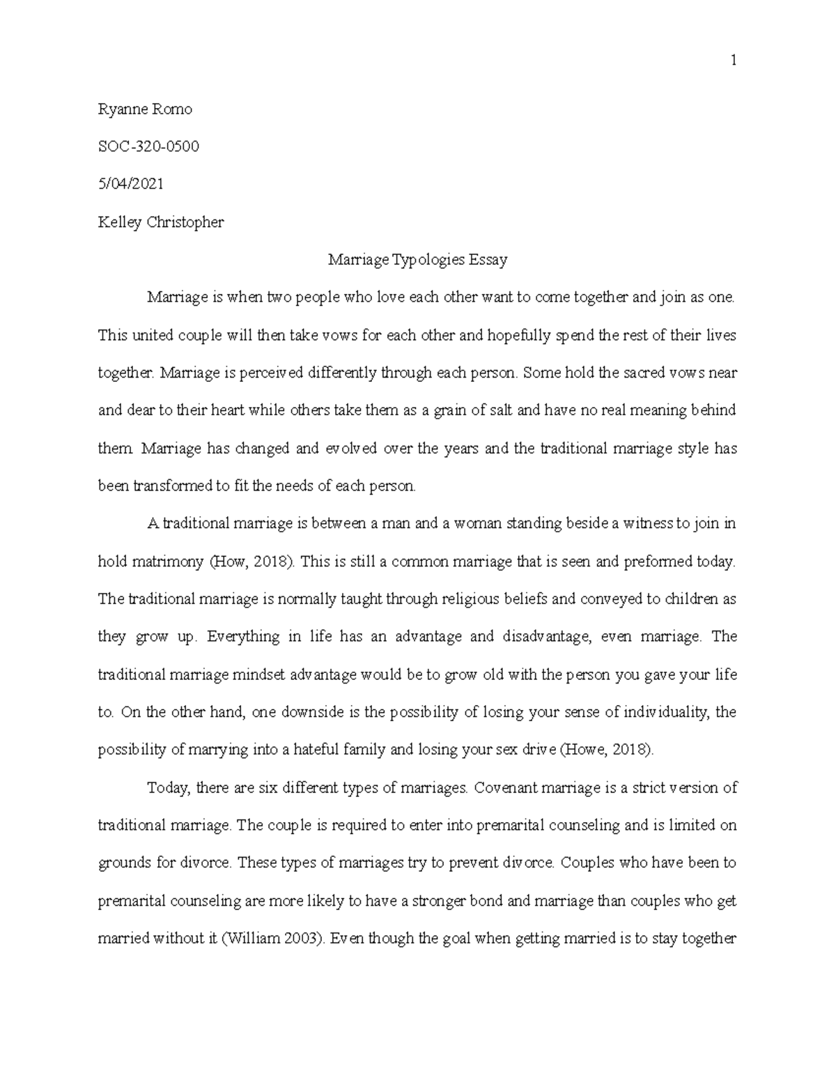 Marriage Typologies Essay - Ryanne Romo SOC-320- 5/04/ Kelley ...