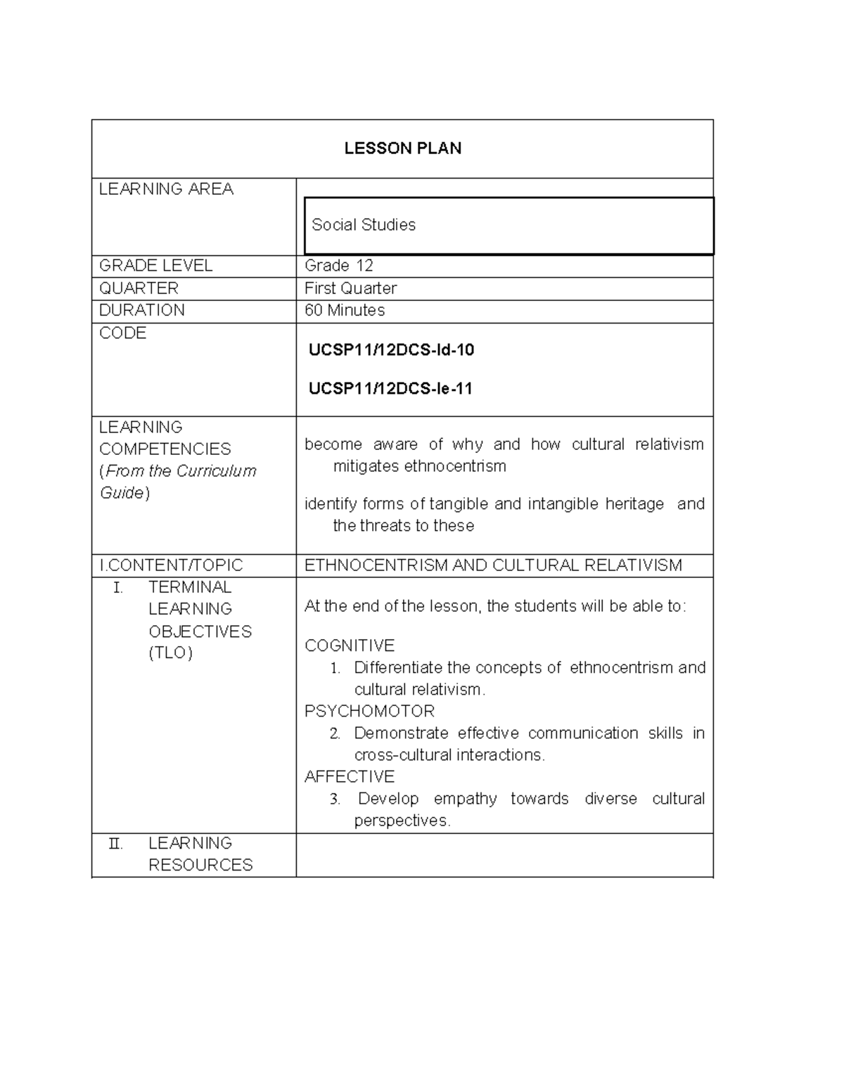 Ethnocentrism and Cultural Relativism LP - LESSON PLAN LEARNING AREA ...