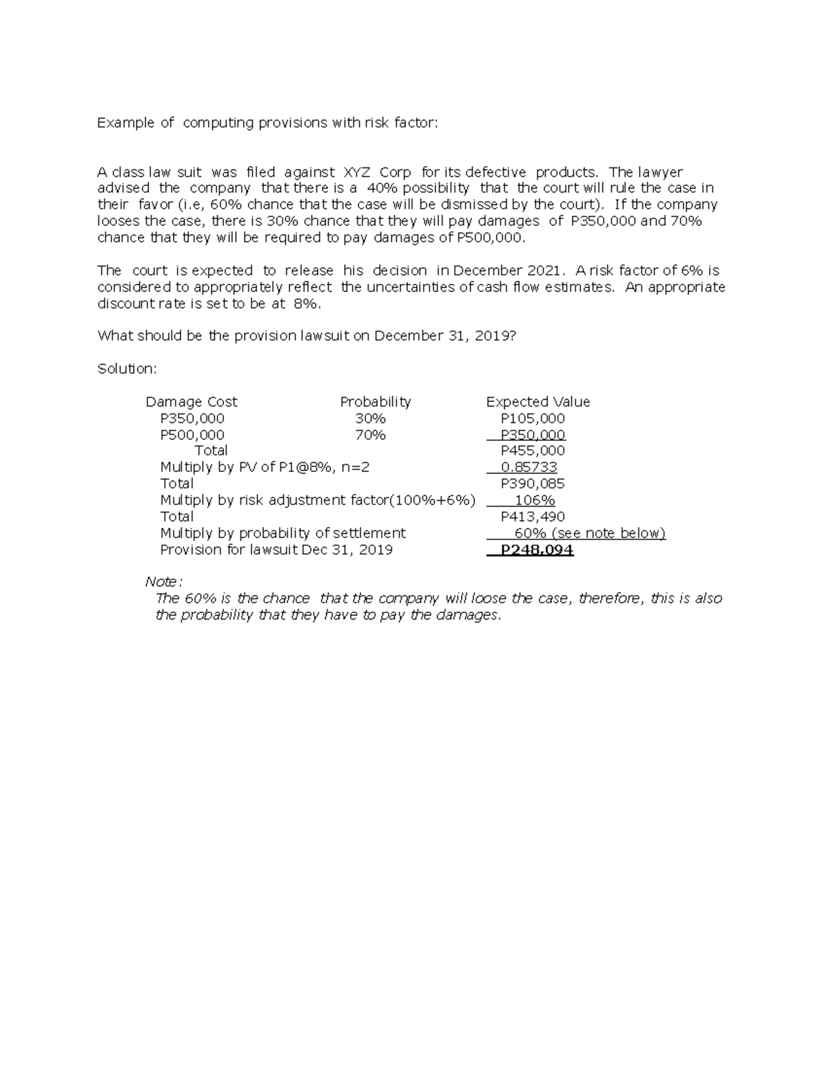 Provision with risk factor - Example of computing provisions with risk ...