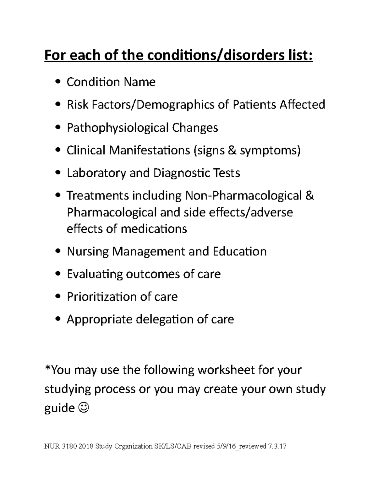 Study Organizer - For each of the conditions/disorders list: Condition ...