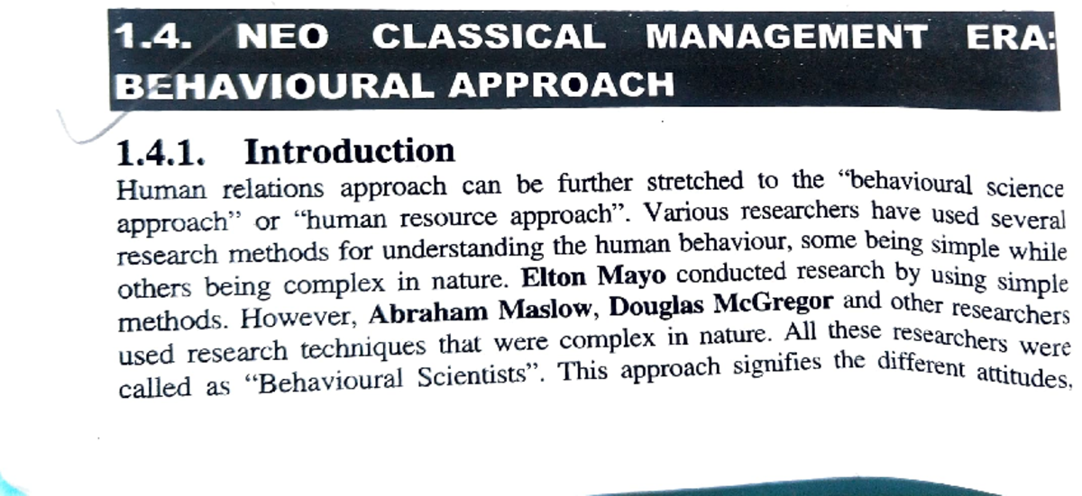 Unit 1 pdf2 - notes - NEO CLASSICAL MANAGEMENT ERA: BEHAVIOURAL ...