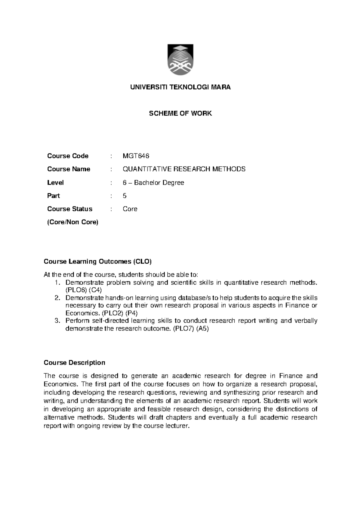 MGT646 Scheme OF WORK - UNIVERSITI TEKNOLOGI MARA SCHEME OF WORK Course ...