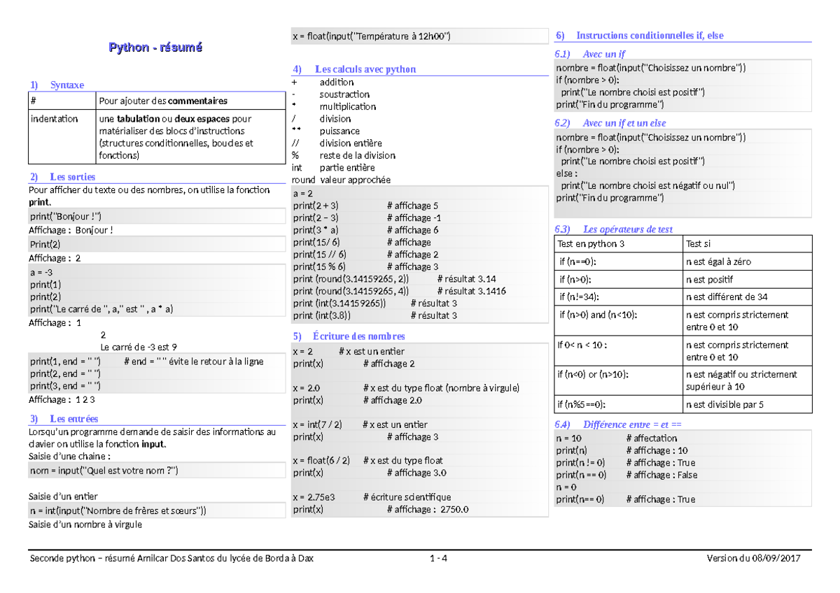 Python Memo Seconde Borda Python Résumépython Résumé Syntaxe Pour Ajouter Des Commentaires