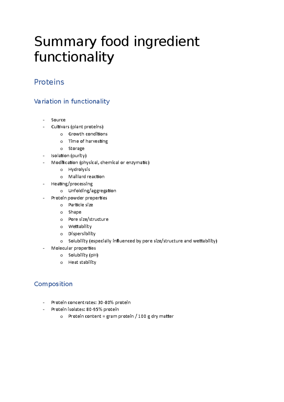 Summary food ingredient functionality - Summary food ingredient ...