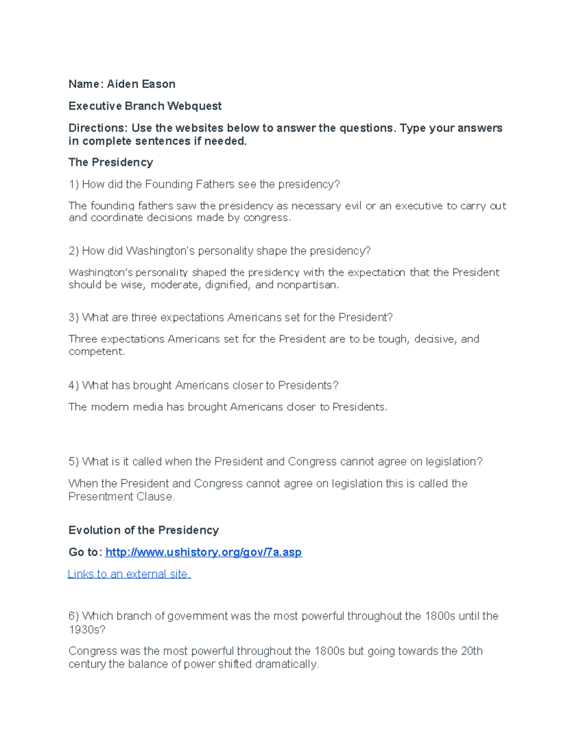 Name Aiden Eason Executive Branch Webquest - Name: Aiden Eason ...