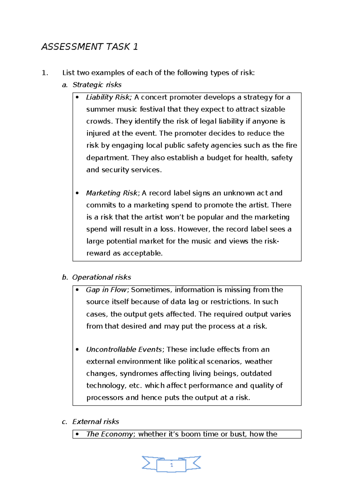 Bsbops 504 Sample Task 1 - ASSESSMENT TASK 1 List two examples of each ...