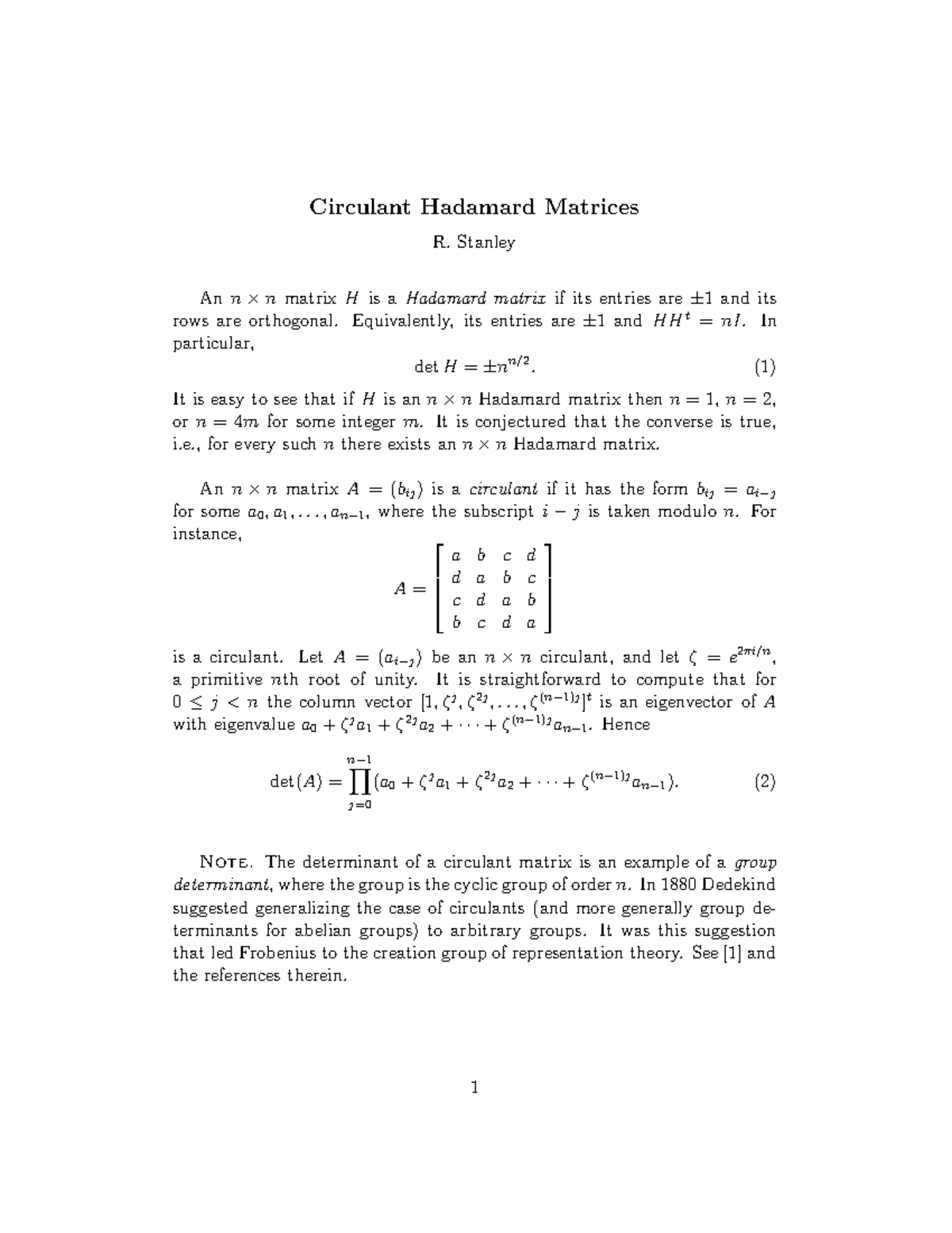 Circulant Hanamard Matrices - Circulant Hadamard Matrices R. Stanley An ...