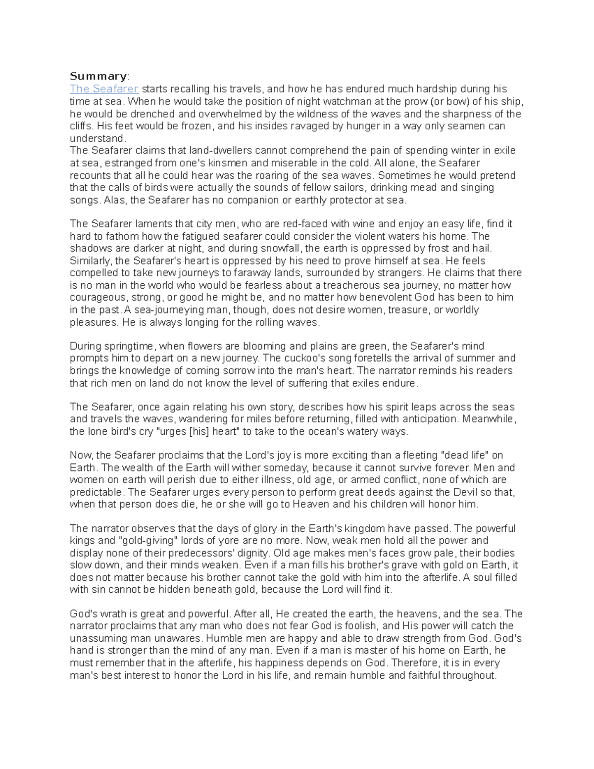 The sea fearer - This is a note of English literature - Summary : The ...