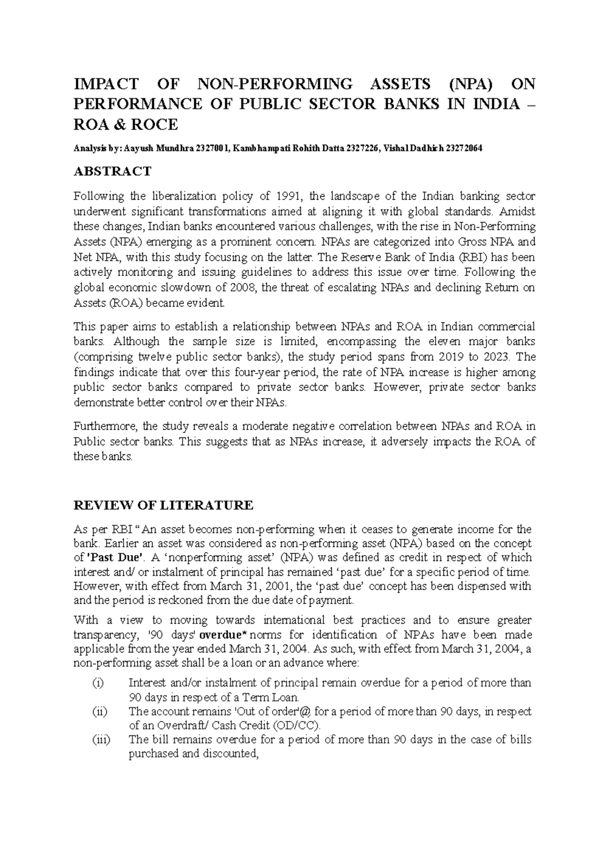 MOB CIA - IMPACT OF NON-PERFORMING ASSETS (NPA) ON PERFORMANCE OF ...